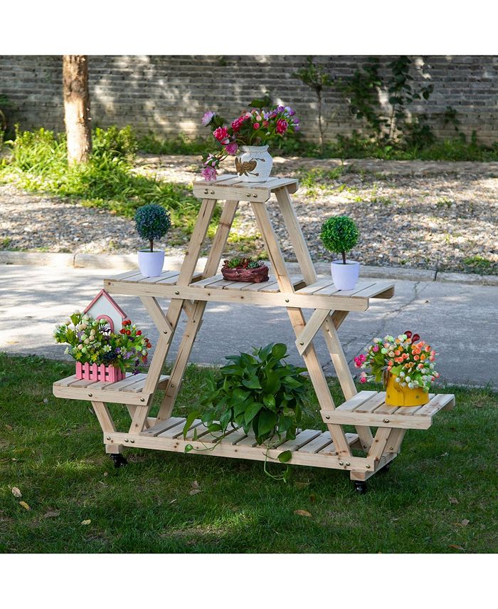 Outsunny Outdoor Plant Stand w/ Wheels Mobile Wood Plant Shelf Flower ...