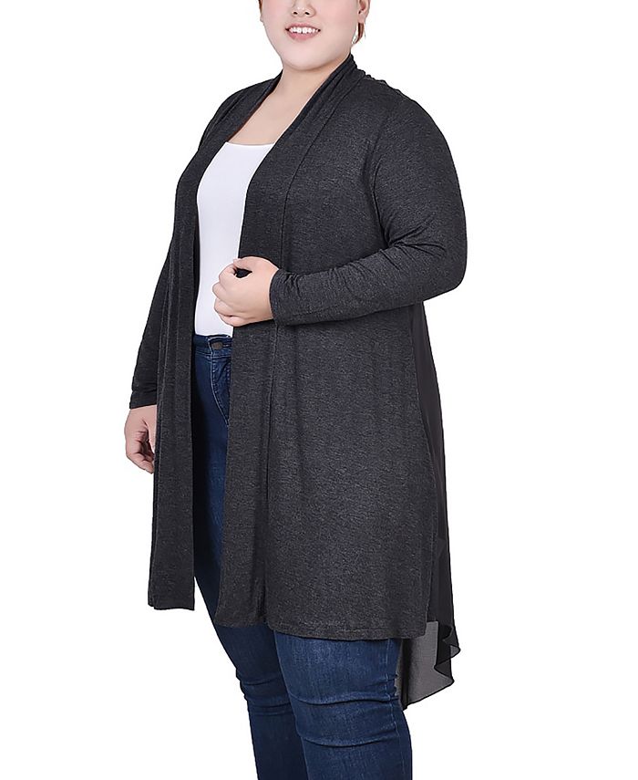 NY Collection Plus Size Long Sleeve Knit Cardigan with Chiffon Back ...