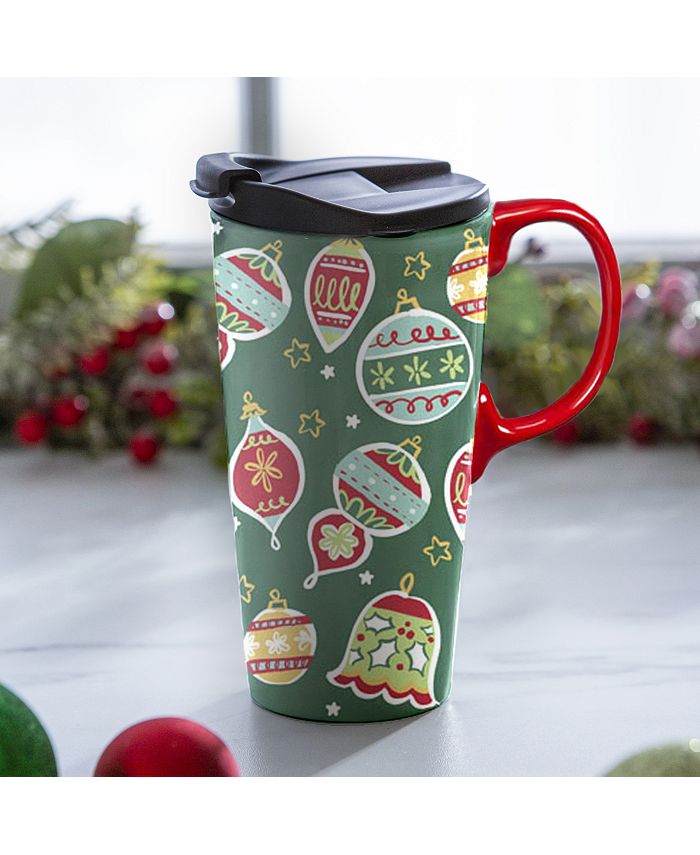Evergreen Ceramic Travel Cup with Box, Ornaments- 17 Oz Travel Cup with ...