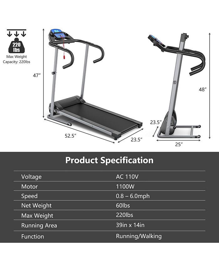 Costway 1100W Folding Treadmill Electric Support Motorized Power - Macy's