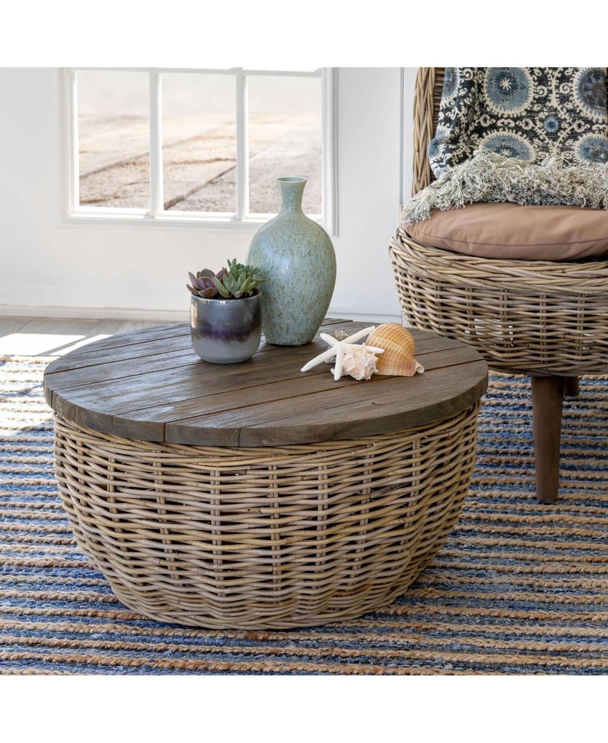 Rattan Coffee Table with Wood Top