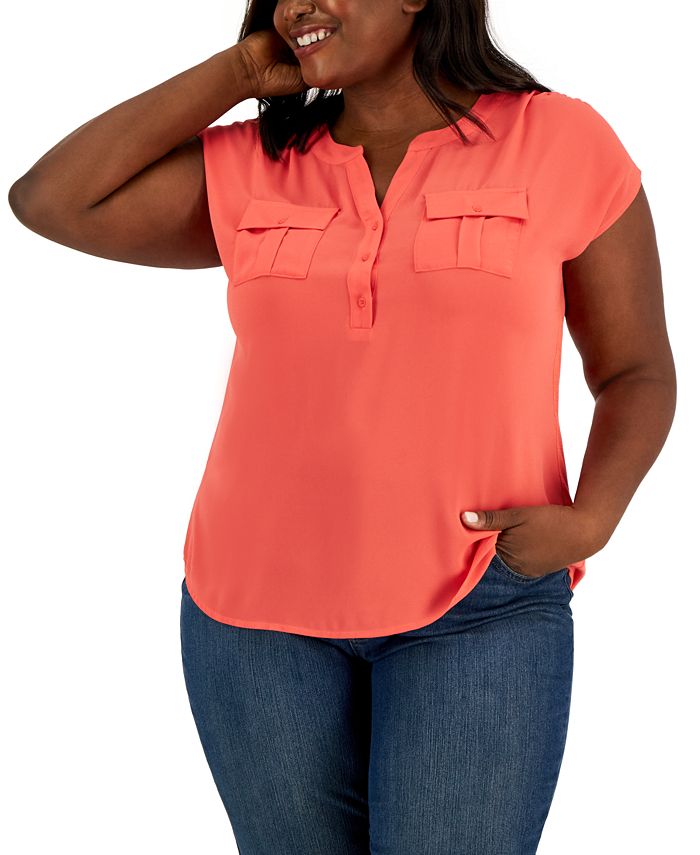 I.N.C. International Concepts Plus Size Woven-Front V-Neck Top, Created ...