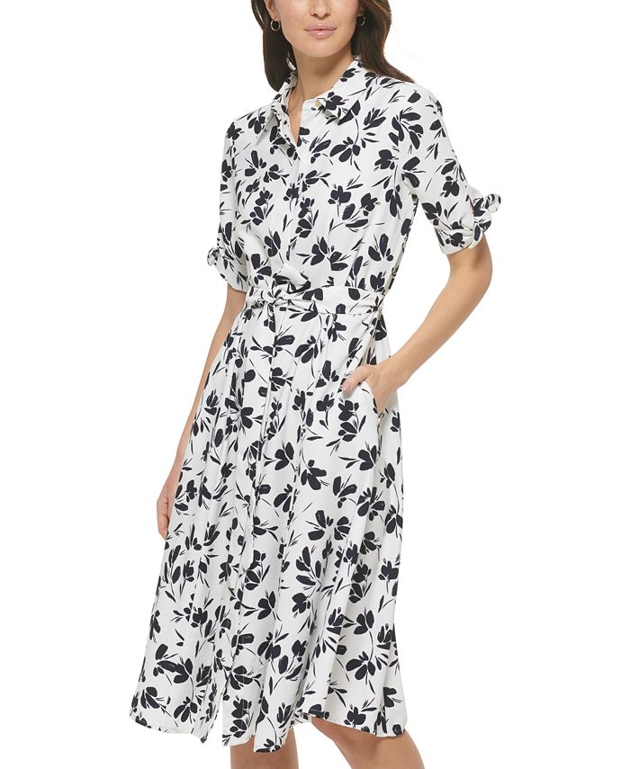 Calvin Klein Womens Tied Cuff Belted Shirtdress Macys