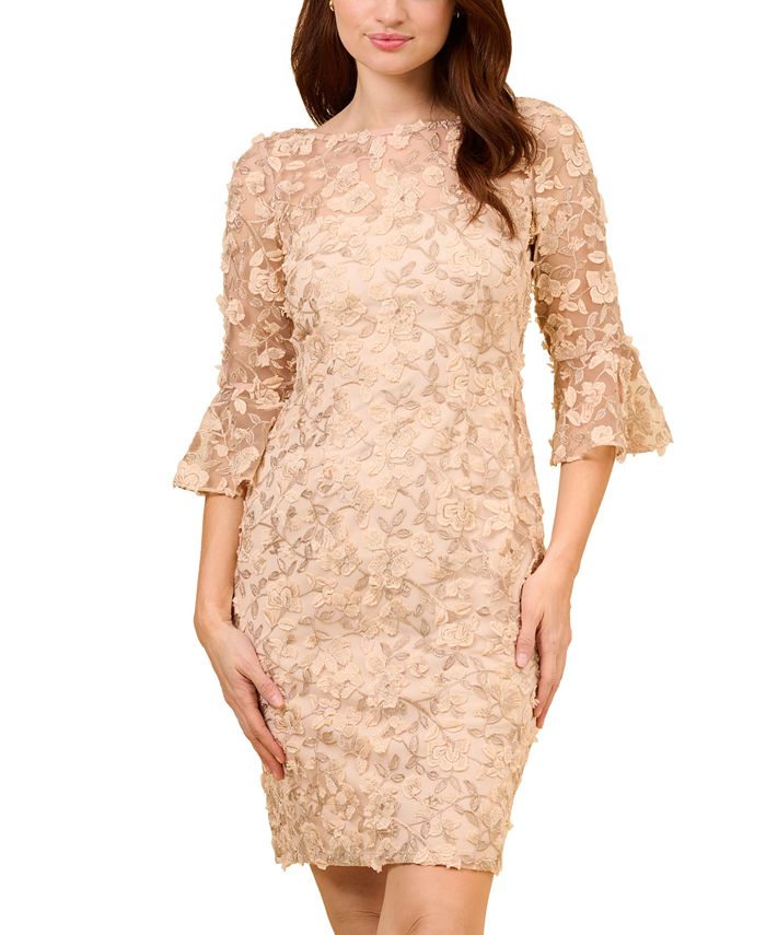 Adrianna Papell Womens Embroidered Elbow Sleeve Cocktail Dress