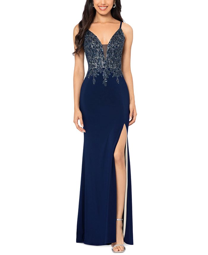 XSCAPE Women's Slit-Hem Beaded-Bodice Gown - Macy's