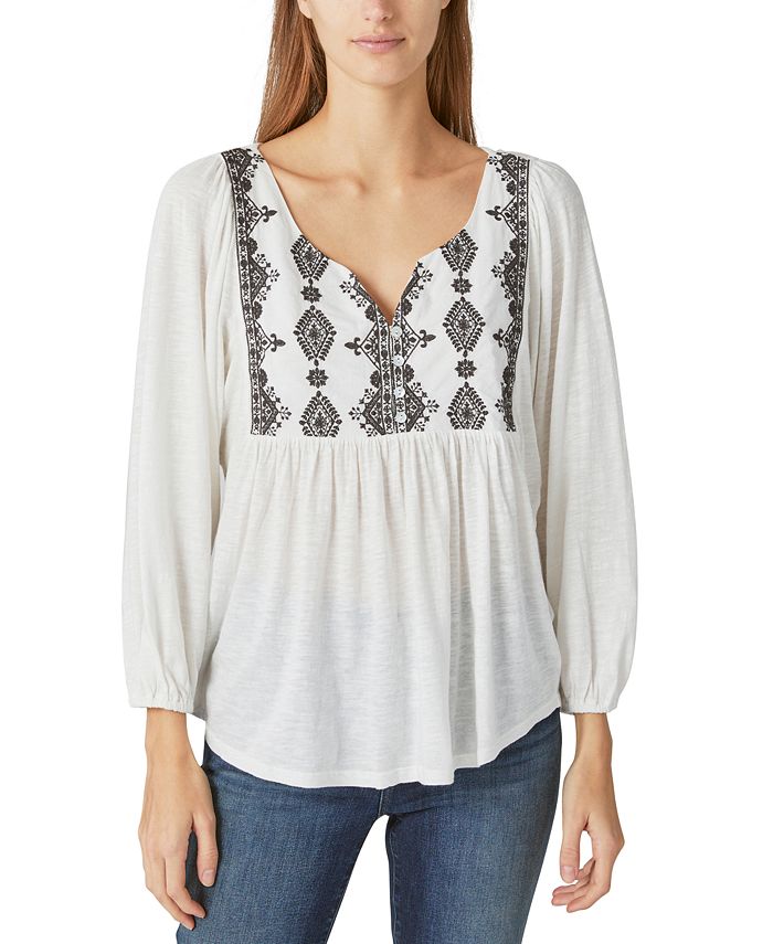 Lucky Brand Women's Cotton Embroidered Peasant Top - Macy's