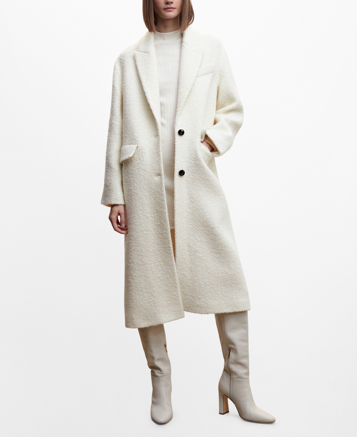 Mango Buttoned Wool Coat Ecru | ModeSens