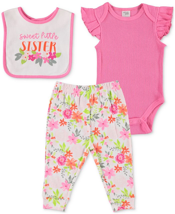 Chickpea Baby Girls Floral Bodysuit, Joggers, and Bib, 3 Piece Set - Macy's