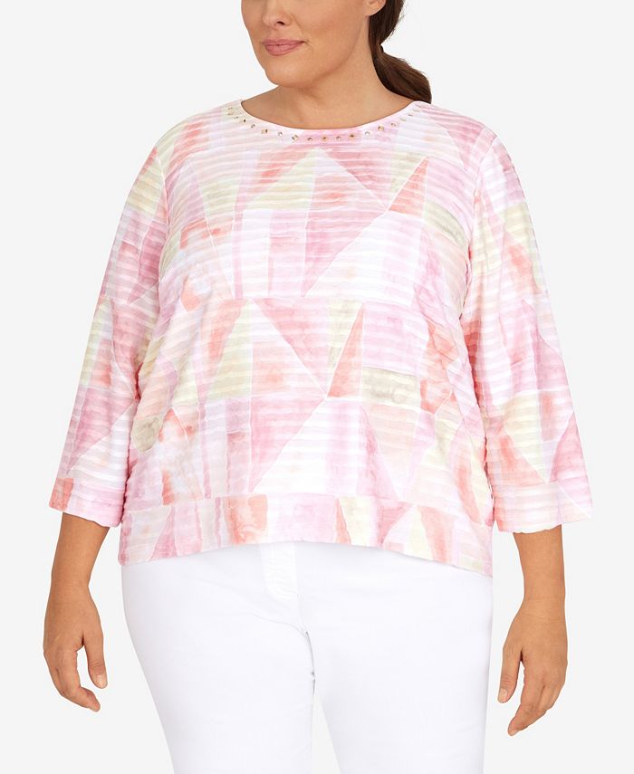 Alfred Dunner Plus Size Classic Patchwork Ruffle Knit 3/4 Sleeve Top ...
