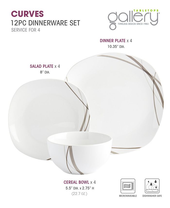 Tabletops Unlimited Curves Square 12 Pc. Dinnerware Set, Service for 4 ...