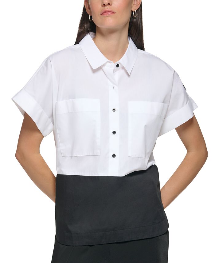 KARL LAGERFELD PARIS Women's Cotton Poplin Colorblocked Shirt - Macy's