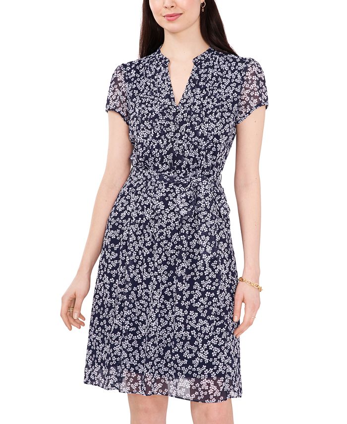 MSK Women's Floral-Print Cap-Sleeve Tie-Waist Dress - Macy's