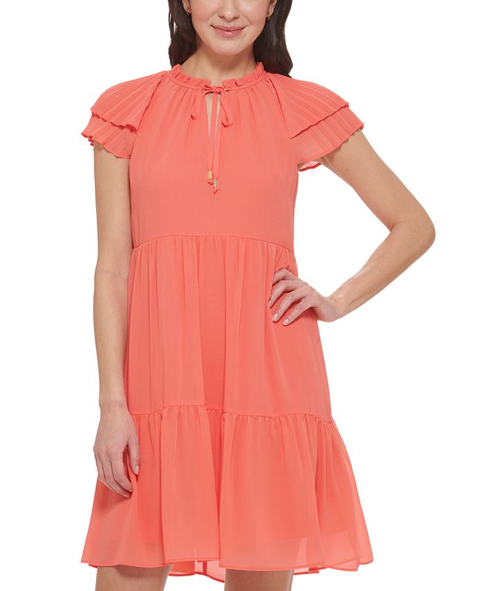 Vince Camuto Petite Pleated-Tiered-Flutter-Sleeve Dress - Macy's