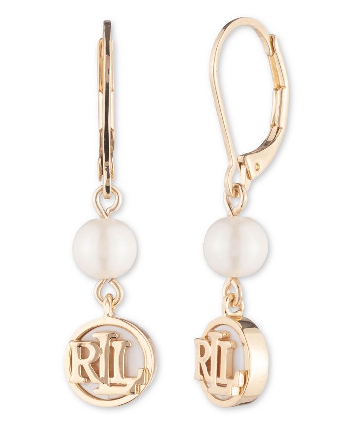 Lauren Ralph Lauren Gold-Tone Imitation Pearl Logo Drop Earrings - Macy's