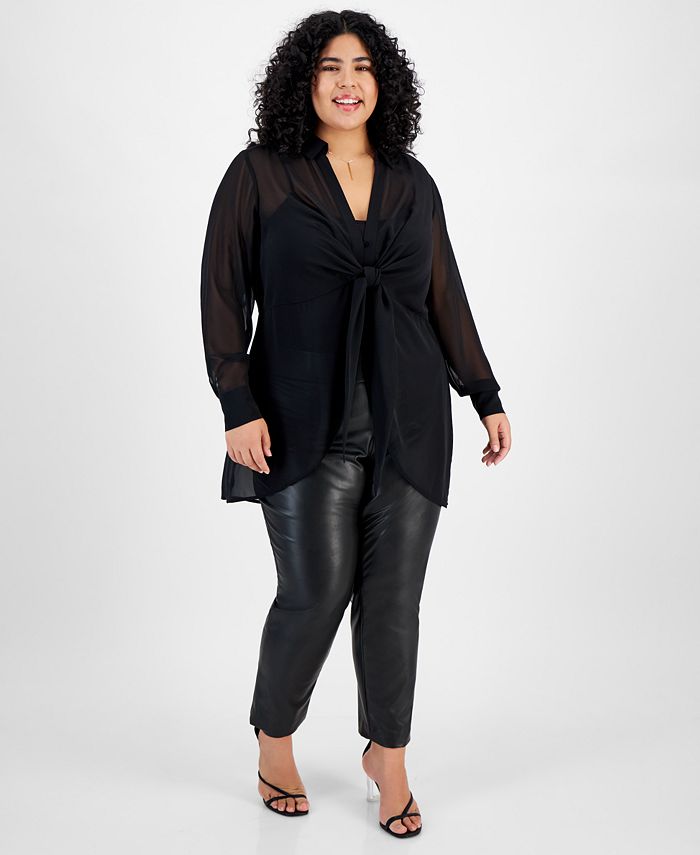 Bar III Plus Size Tie-Front Semi-Sheer Blouse, Created for Macy's - Macy's