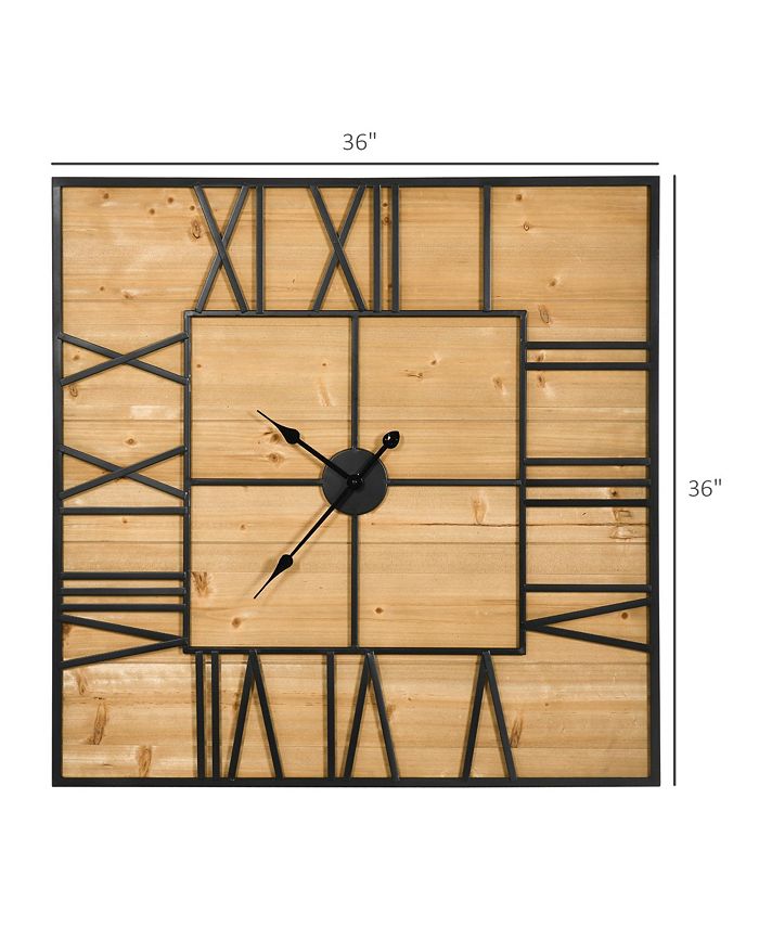 HOMCOM 36 Inch Large Wall Clock, Square Silent Non Ticking Metal Wood ...