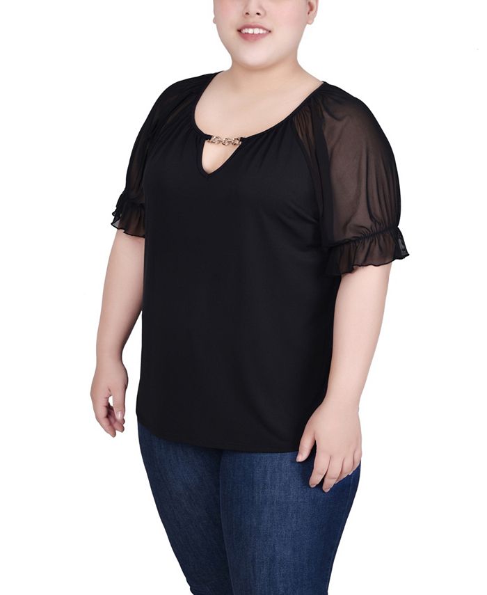 NY Collection Plus Size Short Ruffle Sleeve Top with Rhinestones - Macy's