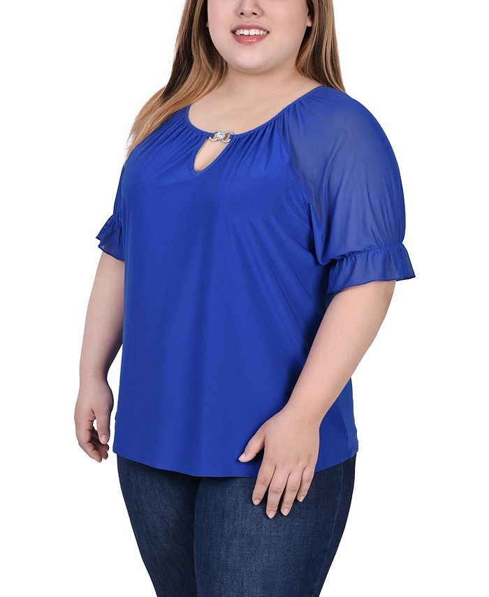 NY Collection Plus Size Short Ruffle Sleeve Top with Rhinestones - Macy's