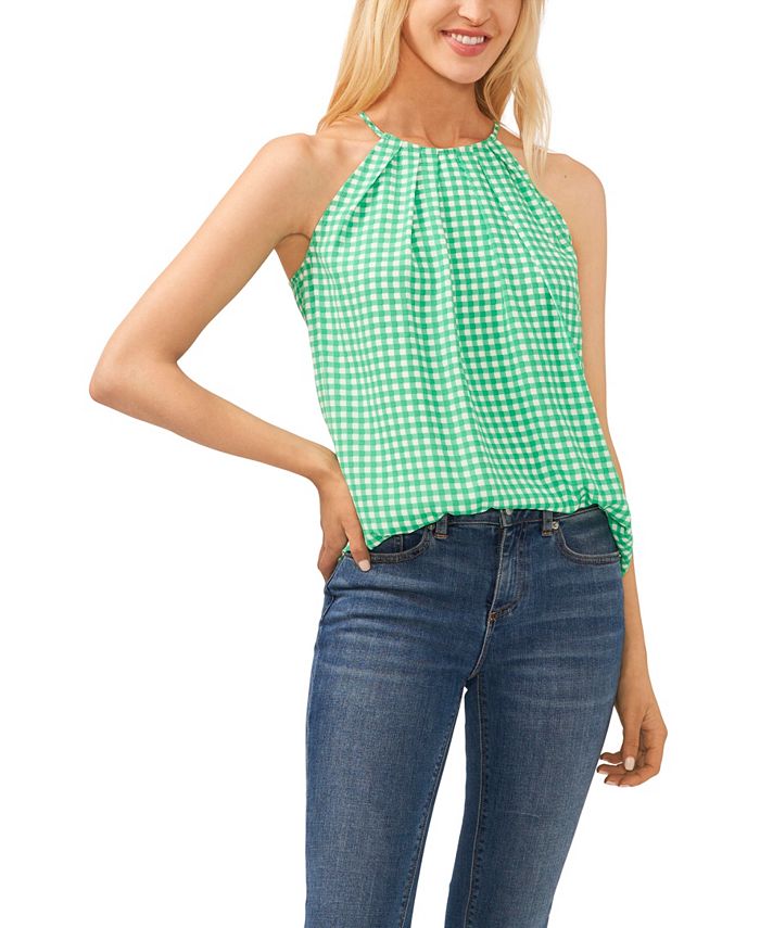 CeCe Women's Sleeveless Pleated Gingham Halter Top - Macy's
