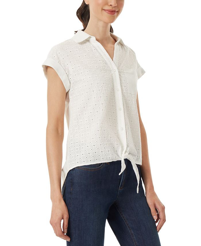 Jones New York Women's Eyelet Button-Front Tie-Hem Top - Macy's