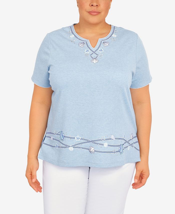 Alfred Dunner Plus Size Set Sail Ribbon Fish Border 3/4 Sleeve Top - Macy's