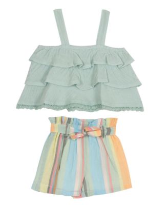 Little Girls Flutter Top and Striped Shorts, 2 Piece Set