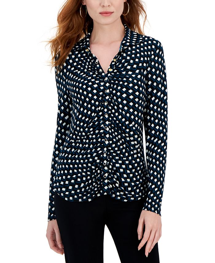 I.N.C. International Concepts Women's Printed Ruched Snap-Front Top ...
