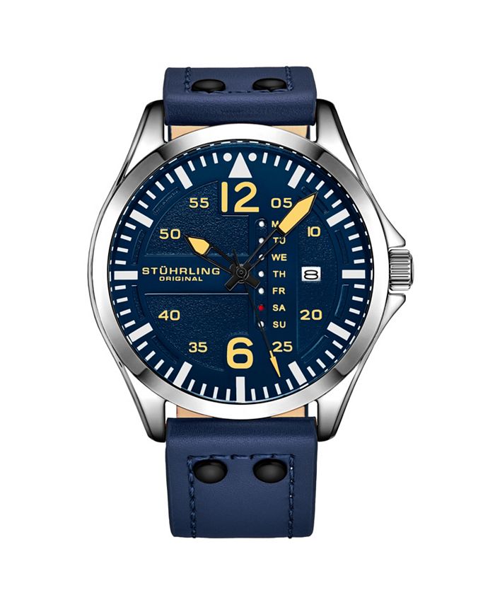 Stuhrling Men's Aviator Blue Leather , Blue Dial , 51mm Round Watch ...