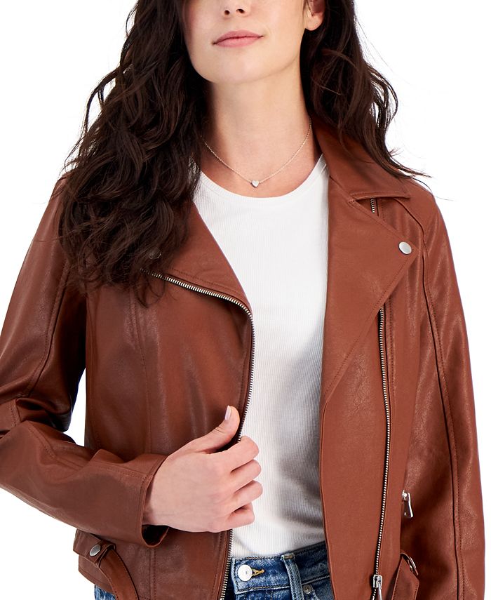 CoffeeShop Juniors' Faux-Leather Long-Sleeve Moto Jacket, Created by Macy's - Macy's