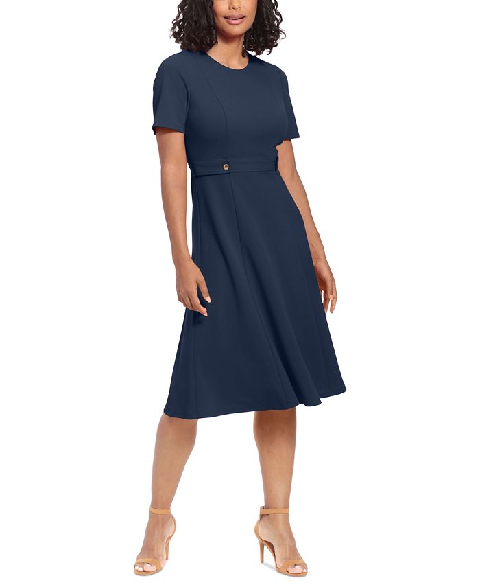 London Times Women's Puff-Sleeve Tab-Detail Fit & Flare Dress - Macy's