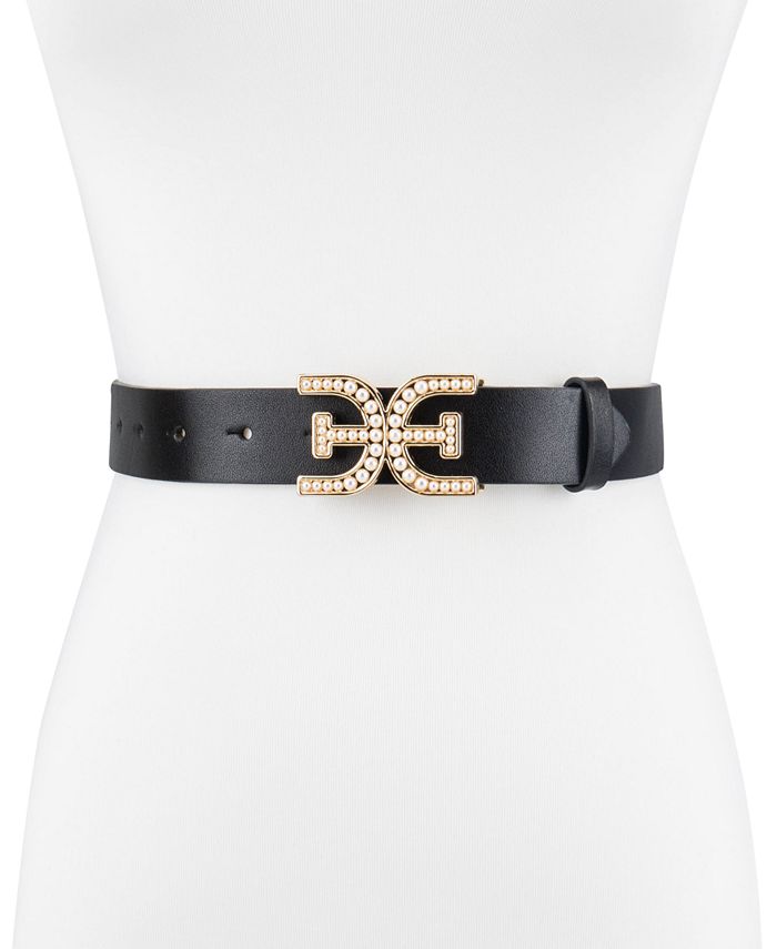 Sam Edelman Women's Imitated Pearl Embellished Double-E Plaque Buckle ...