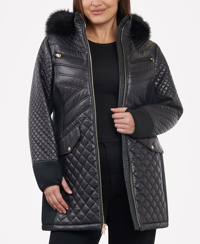 Michael Kors Women's Plus Size Faux-Fur-Trim Hooded Quilted Coat - Macy's