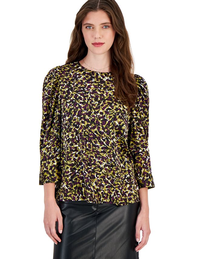 Bar III Women's Multi-Print Scoop-Neck Puff-Shoulder Blouse, Created ...