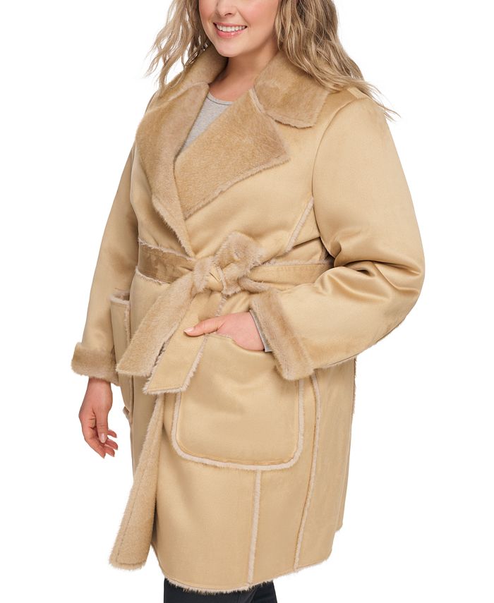 DKNY Women's Plus Size Belted Notched-Collar Faux-Shearling Coat - Macy's