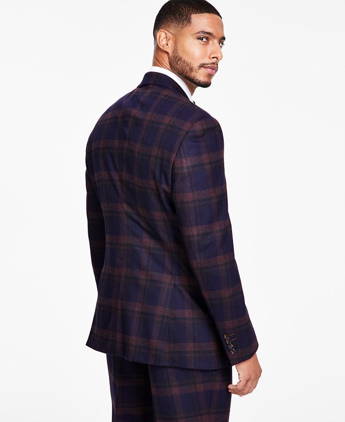 Tayion Collection Men's Classic-Fit Navy & Burgundy Plaid Suit ...