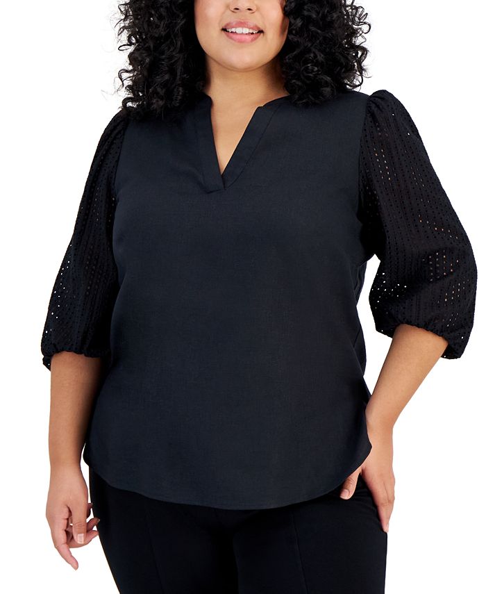 Anne Klein Plus Size Eyelet-Trim Puff-Sleeve Blouse - Macy's