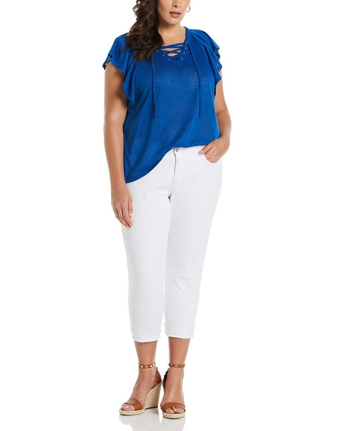 ELLA Rafaella Plus Size Lace-Up Flutter Short Sleeve Top - Macy's