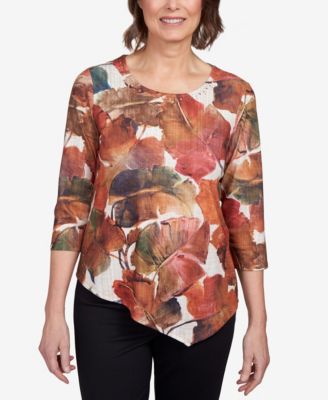 Alfred Dunner Women's Classics Autumn Leaves Asymmetric Hem Top - Macy's