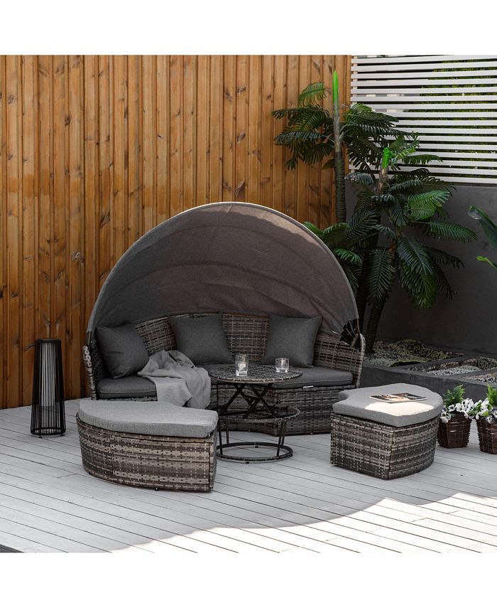 Outsunny 4pc Rattan Patio Furniture Set, Round Convertible Daybed or ...