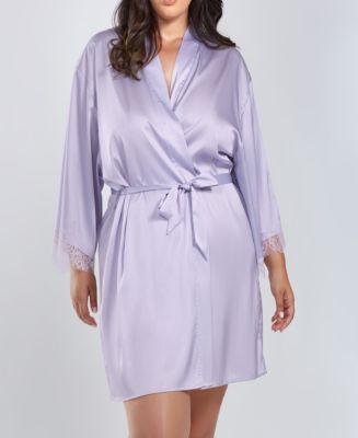 iCollection Plus Size Kate Satin Robe with Eyelash Lace Trim - Macy's
