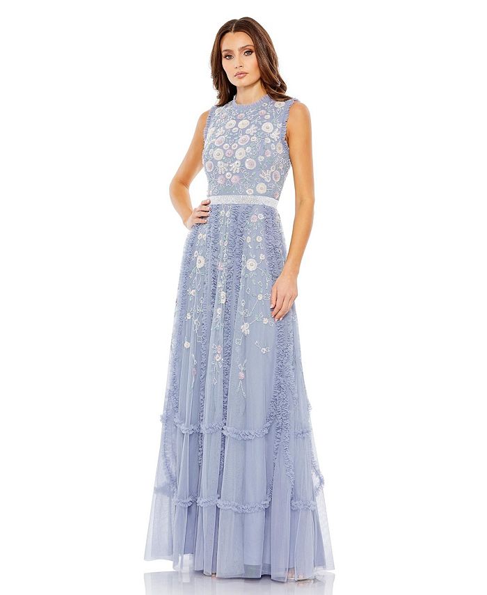 Mac Duggal Womens Embellished High Neck Sleeveless Ruffled Gown Macys