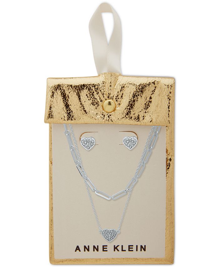 Anne Klein Silver-Tone Crystal Heart Earrings & Two-Row Pendant ...