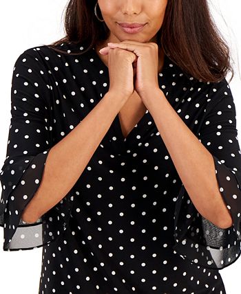Kasper Petite Dot-Print Flutter-Sleeve V-Neck Blouse - Macy's