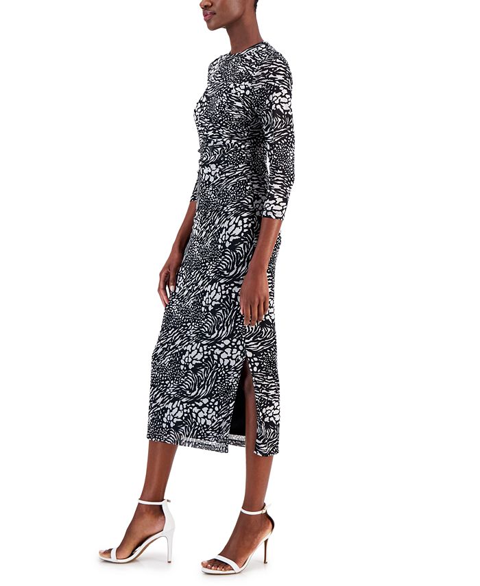 Anne Klein Women's Printed Mesh Ruched Midi Dress - Macy's