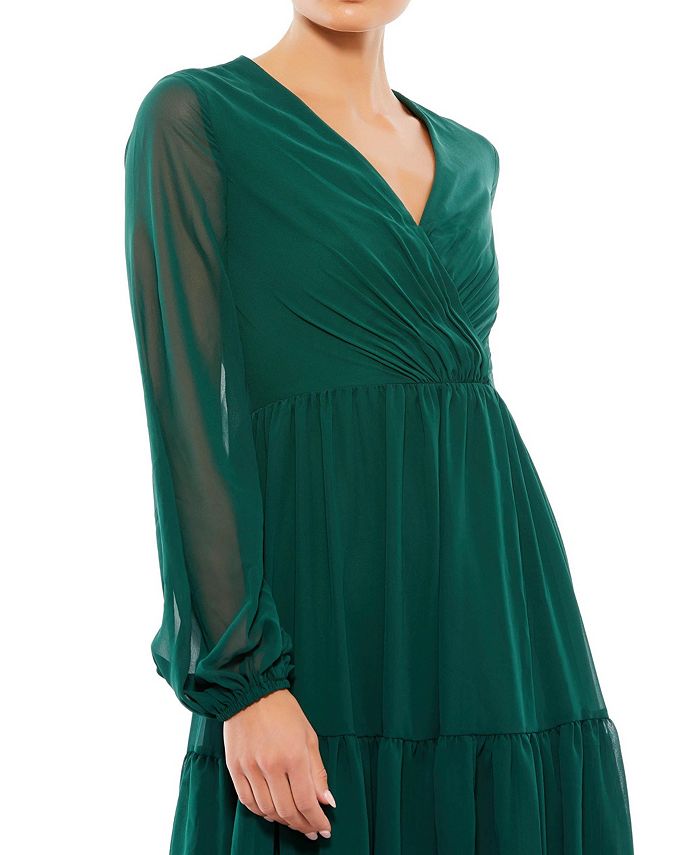 Mac Duggal Womens Ieena Illusion Sleeve Ruched V Neck Tiered Midi