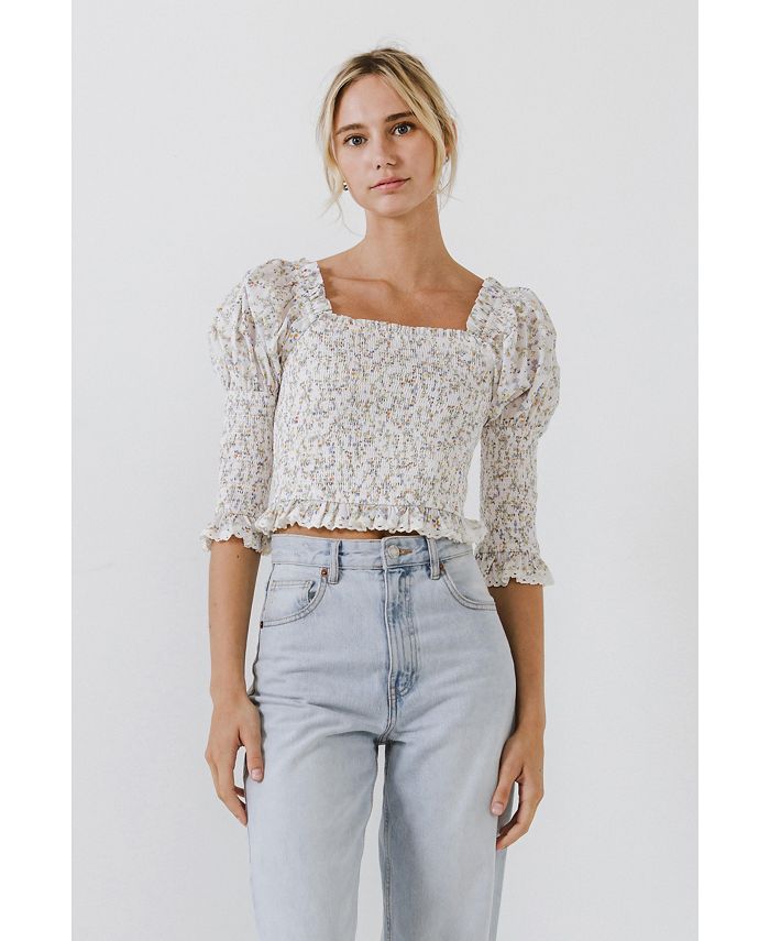 Free the Roses Women's Smocked Sleeved Puff Sleeve Ruffled Top - Macy's