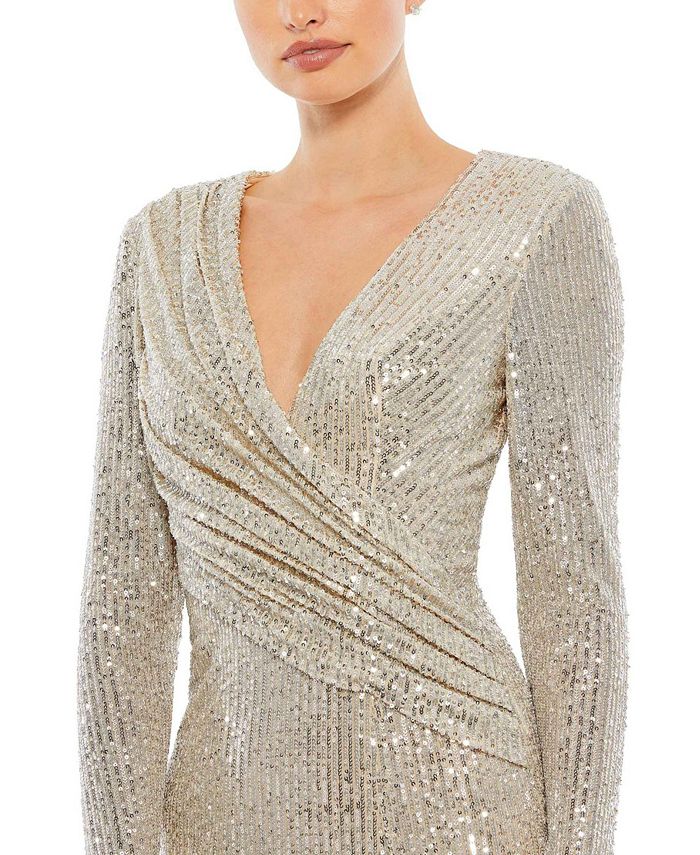 Mac Duggal Women's Ieena Sequined Long Sleeve Faux Wrap Ruched Gown ...