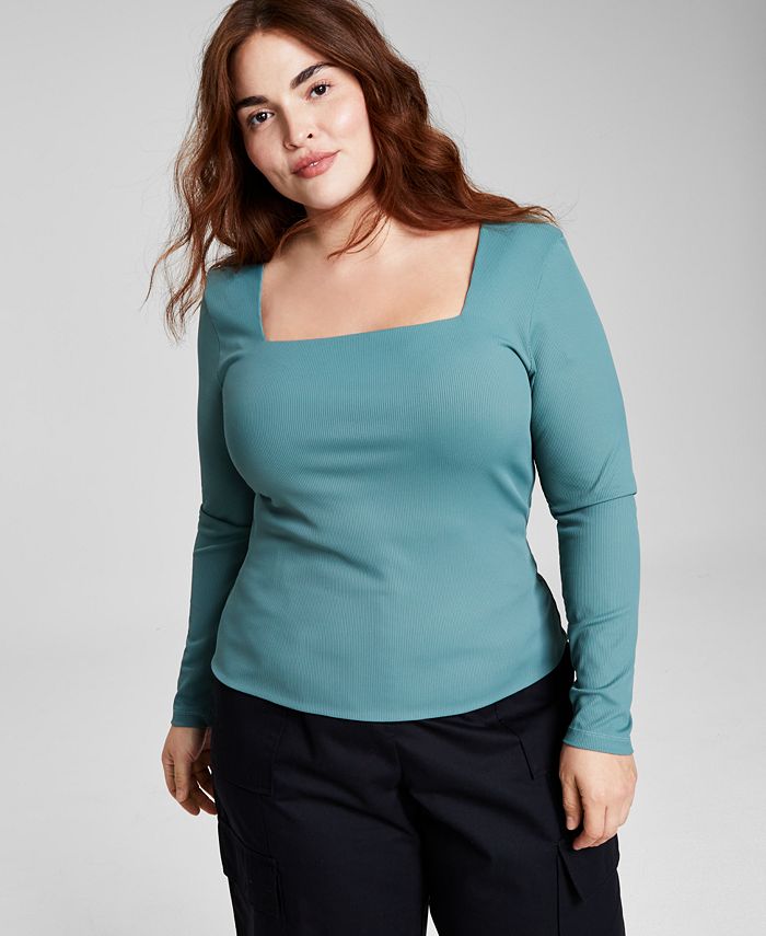 And Now This Trendy Plus Size Square-Neck Long-Sleeve Top - Macy's