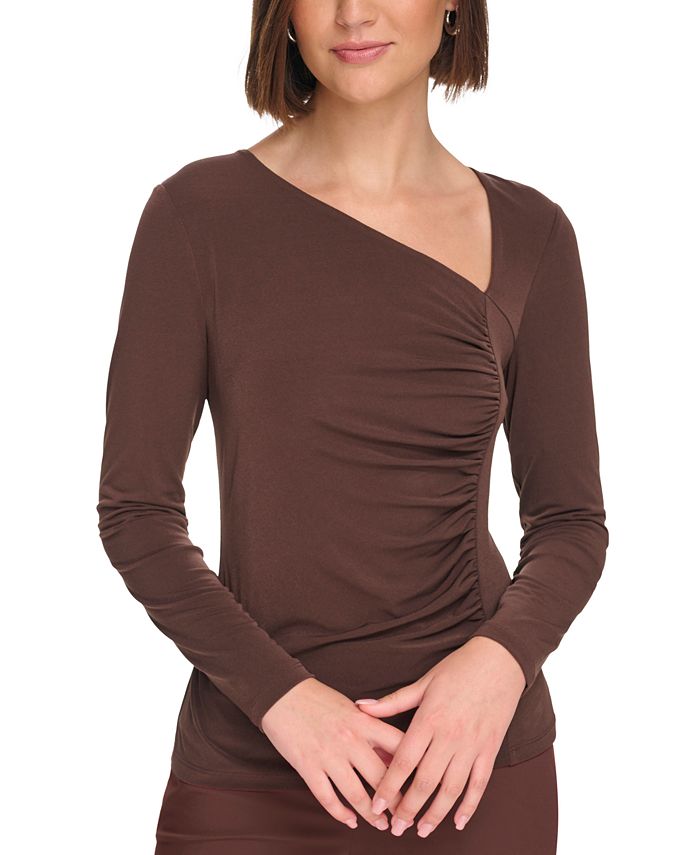 Calvin Klein Petite Ruched Asymmetric Long-Sleeve Top - Macy's