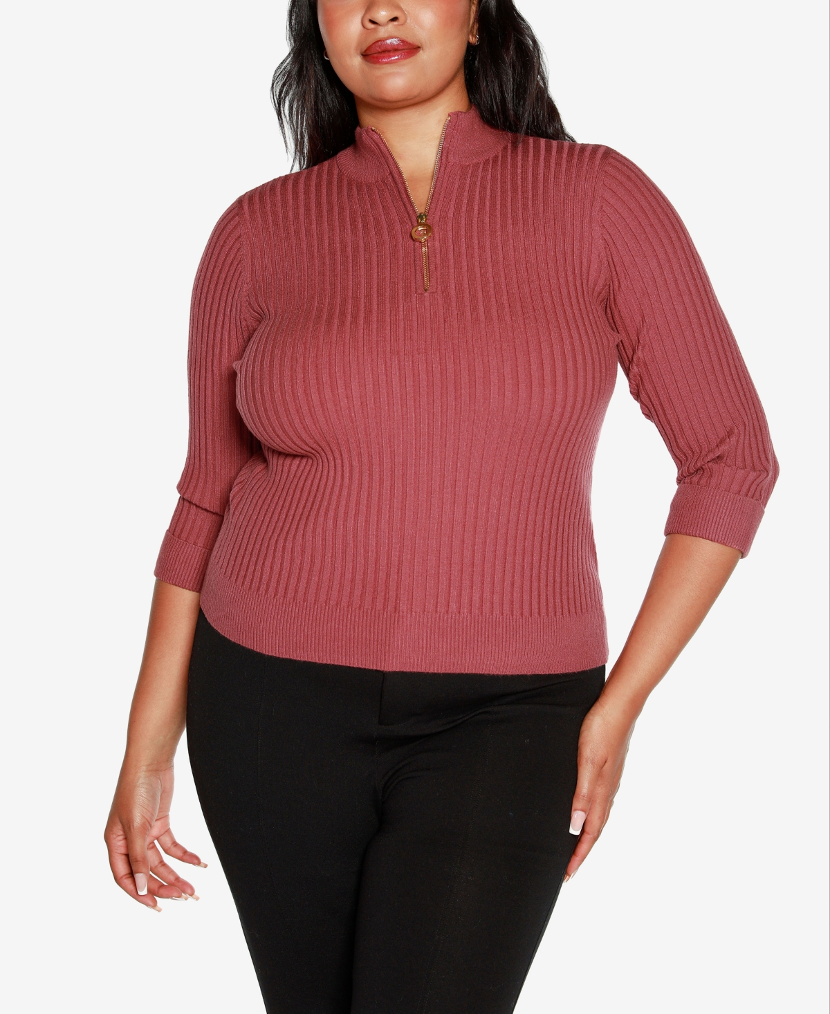 Click here for Belldini Black Label Plus Size Ribbed Quarter-Zip... prices